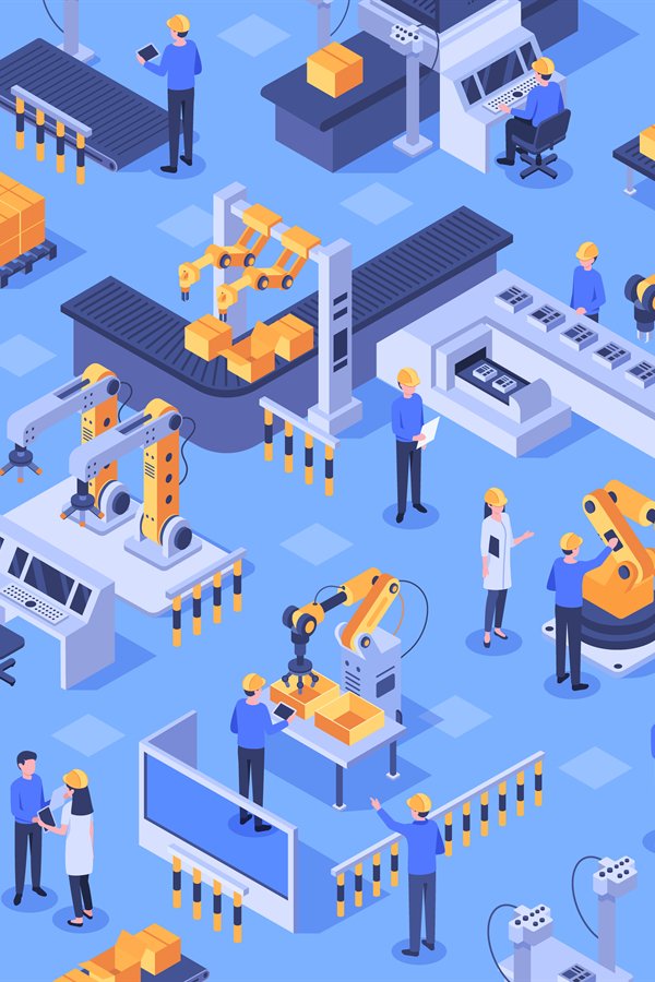 Isometric smart industrial factory. Automated production lin