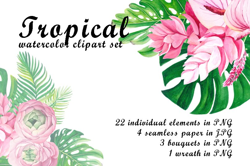 Watercolor Tropical Flowers Clipart, Summer Floral clipart.