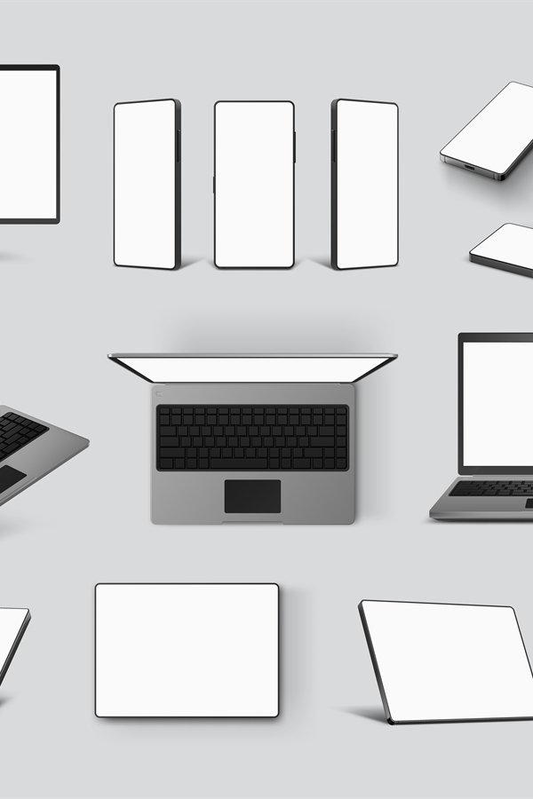 Gadgets mockups. Realistic laptop, mobile phone, computer mo