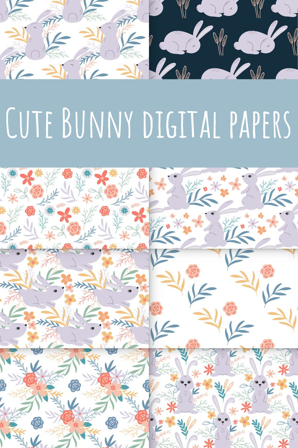 Cute Bunny Seamless Patterns. Baby digital paper set