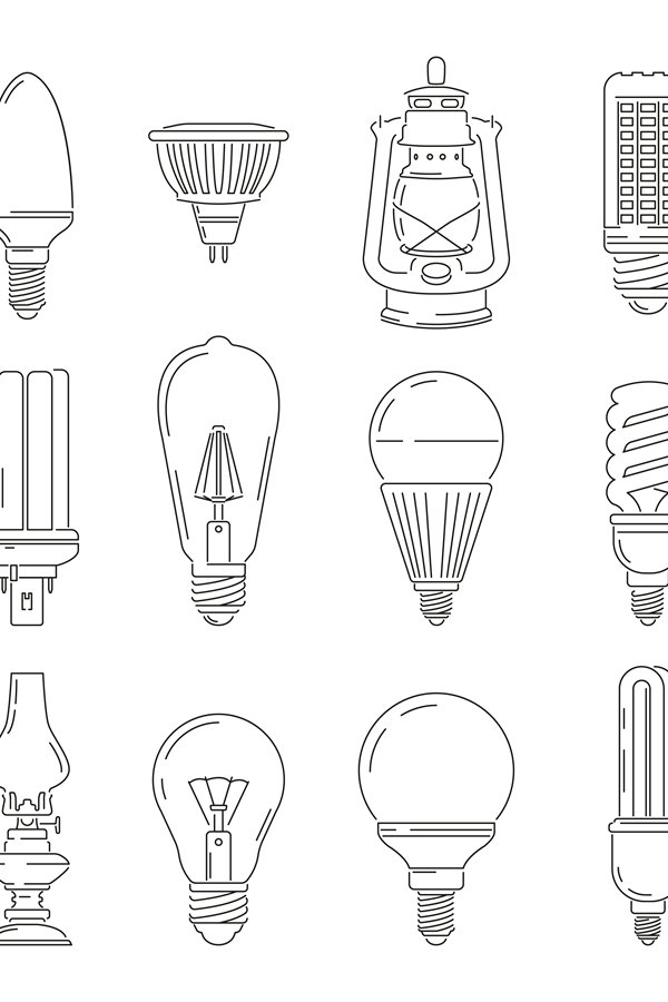 Symbols of light. Different bulbs. Mono line illustrations s