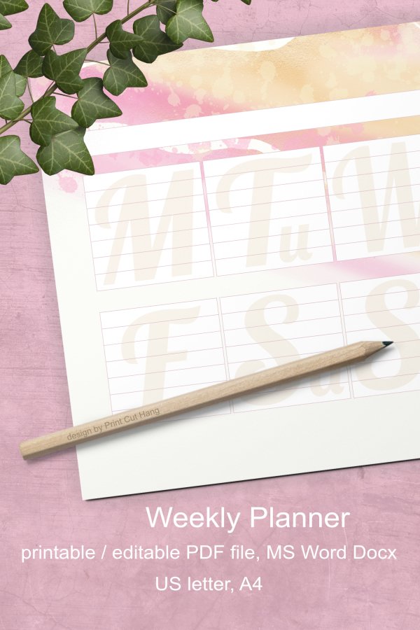 Weekly Planner Pink Watercolor Printable Editable PDF Word