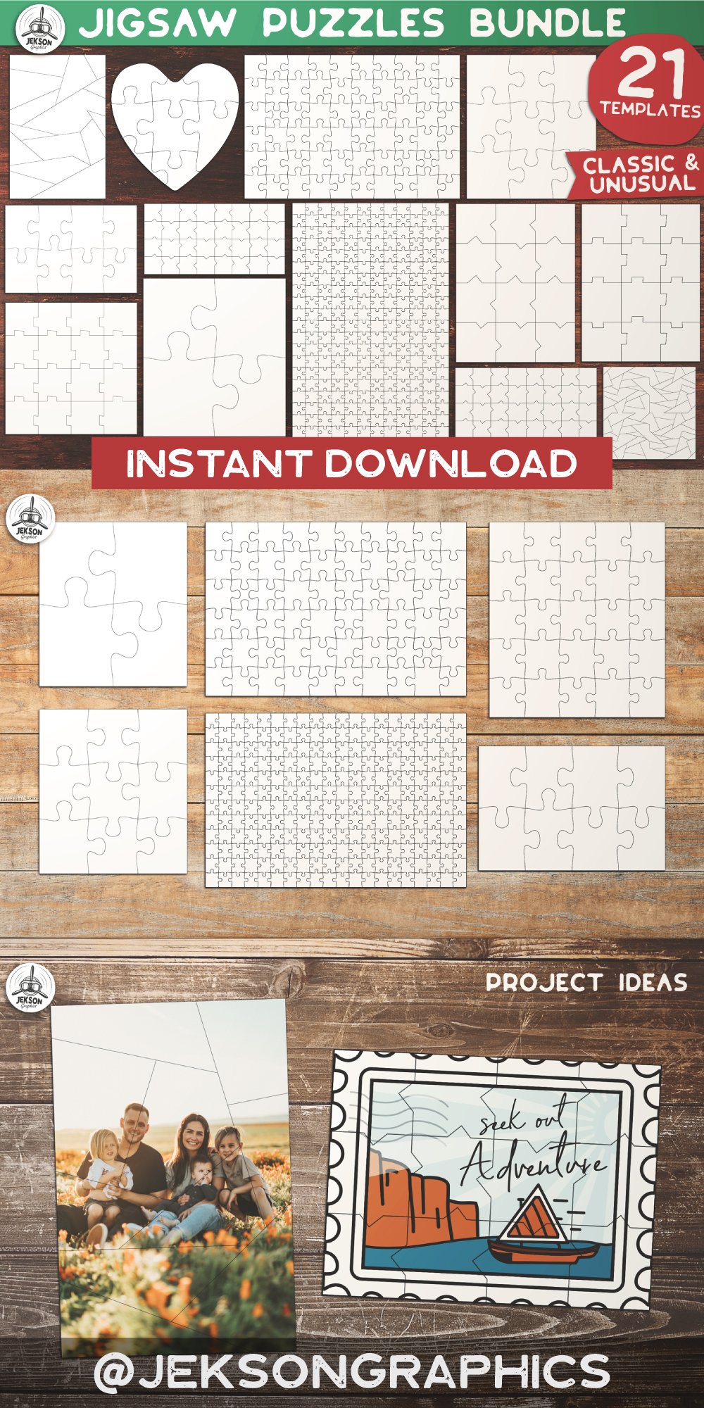Puzzle Jigsaw SVG Templates Bundle - Classic, Heart, Unusual
