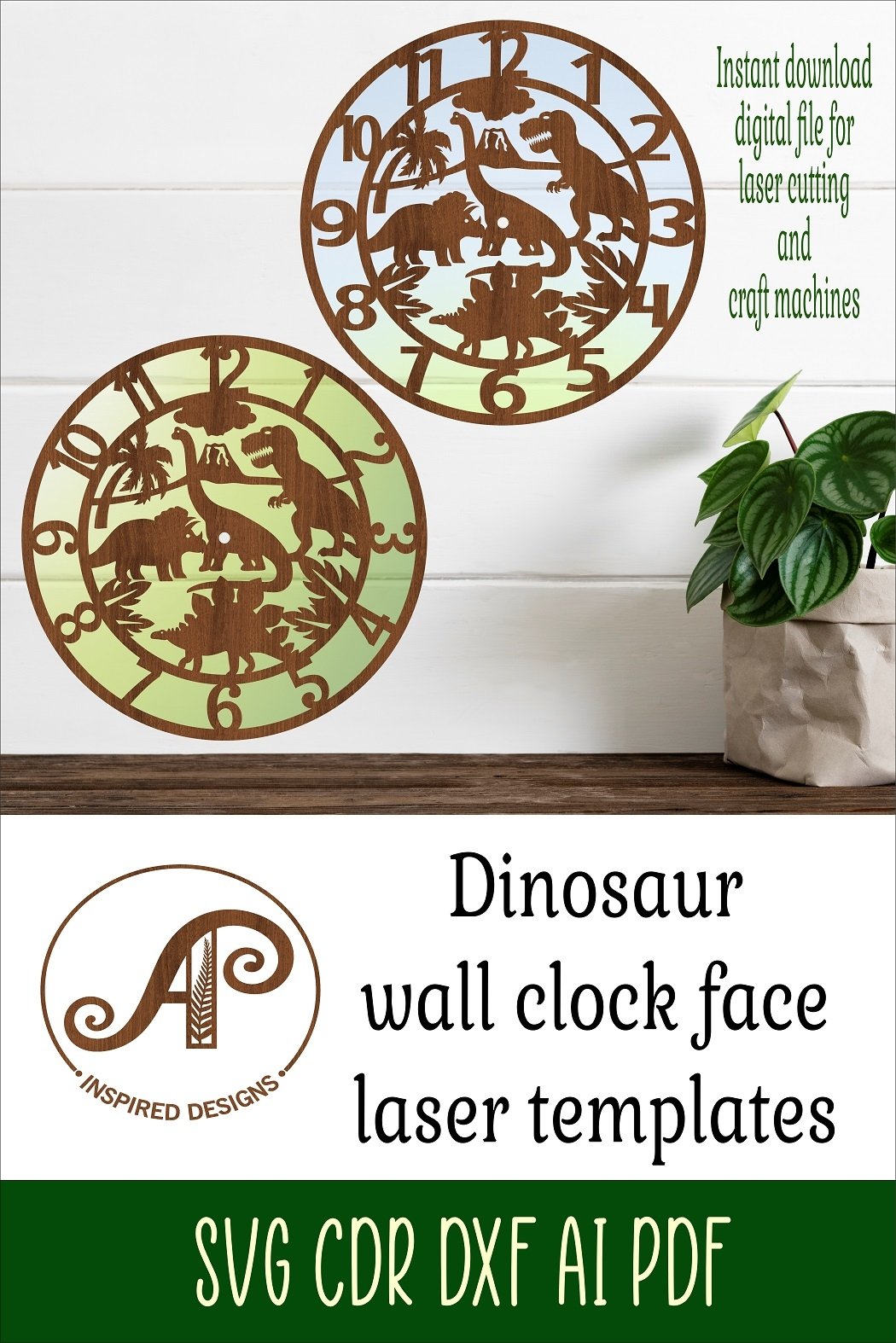 Dinosaur animal wall clock laser cut files, SVG file. vector