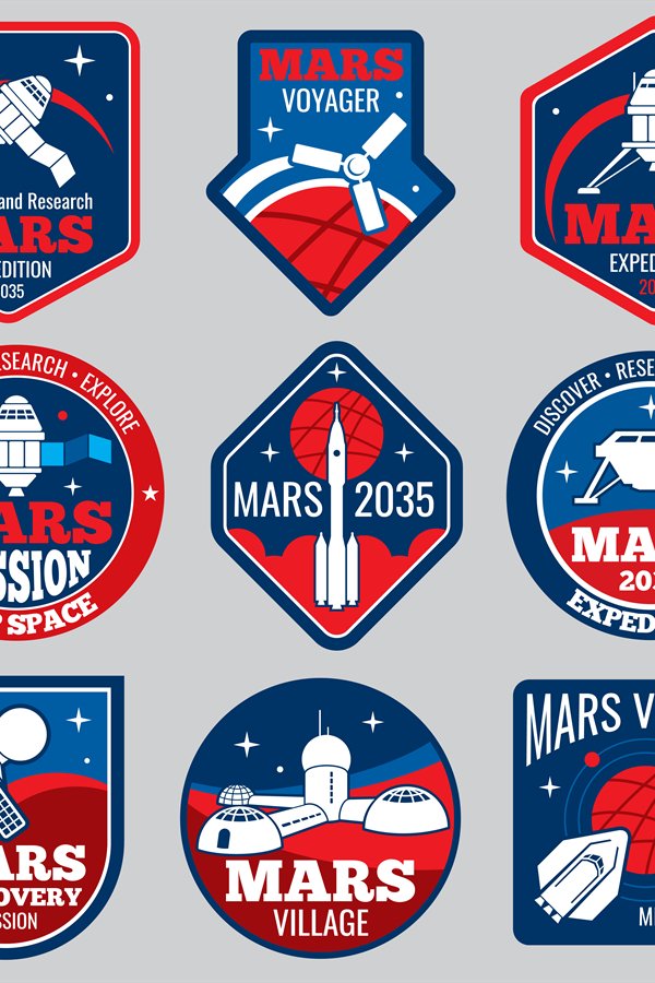 Mars colonization vector retro space logos and labels set