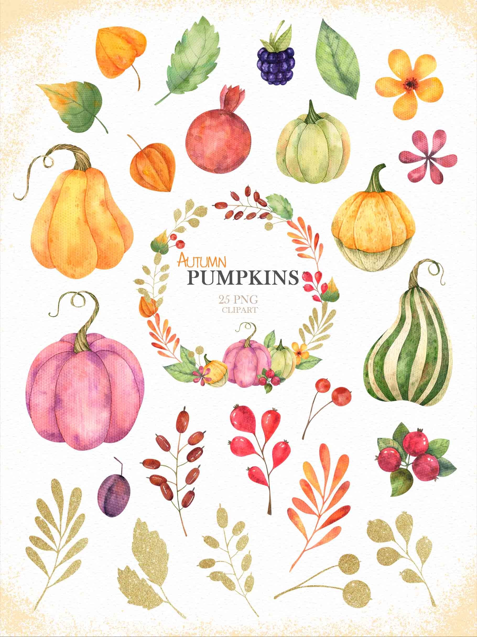 Watercolor autumn pumpkins clipart PNG (877381)