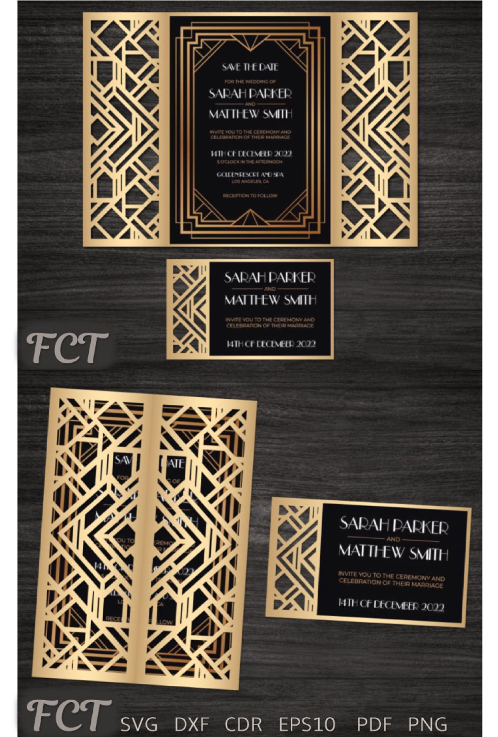 Art Deco Wedding Gate Fold Invitation card set SVG, RSVP