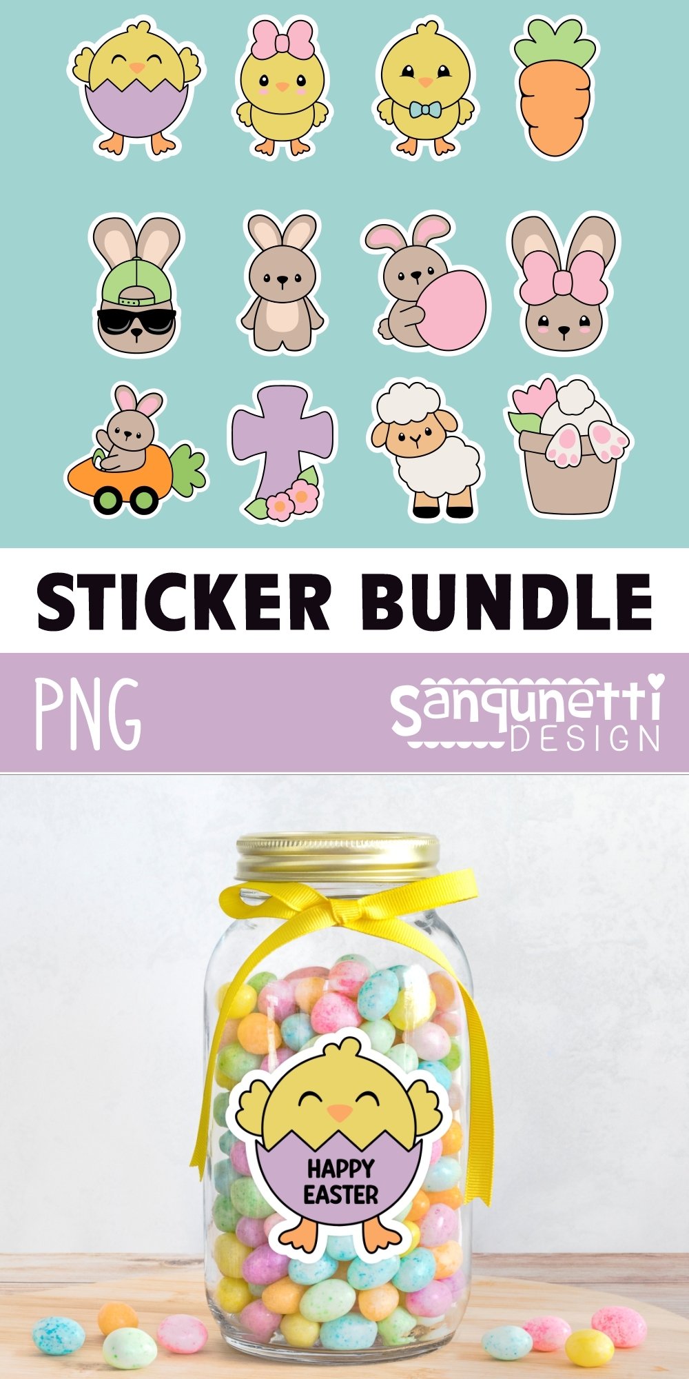 Cute Easter PNG Stickers, Easter Bunny and Chick stickers