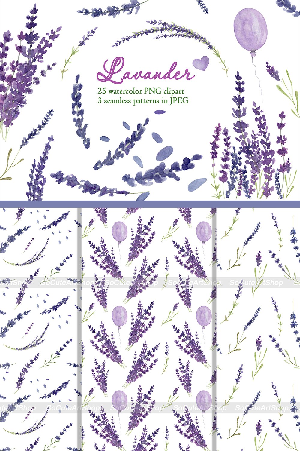 Watercolor Lavender Clipart Set, Hand painted Clip Art