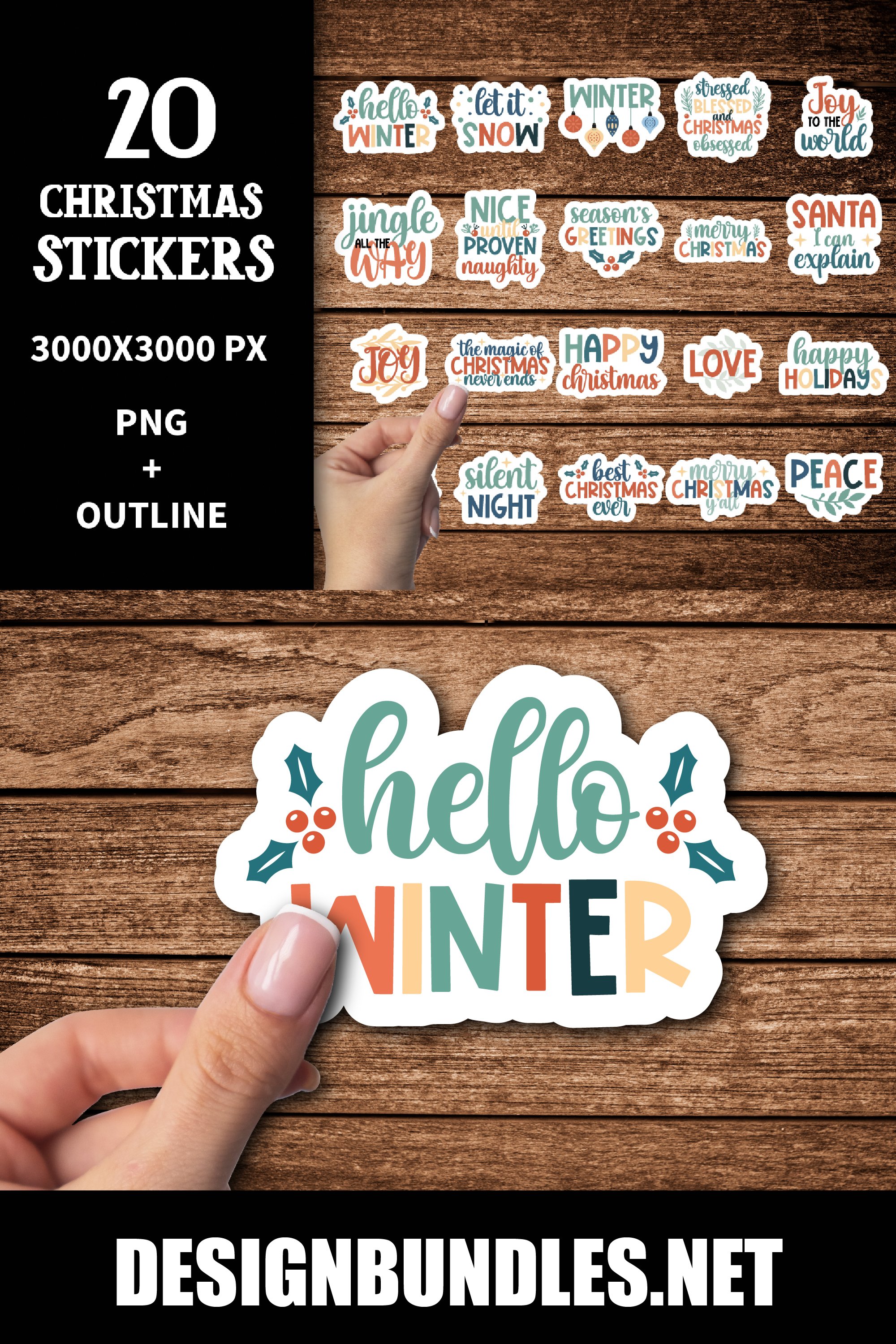 20 Christmas phrases stickers pack, winter stickers bundle