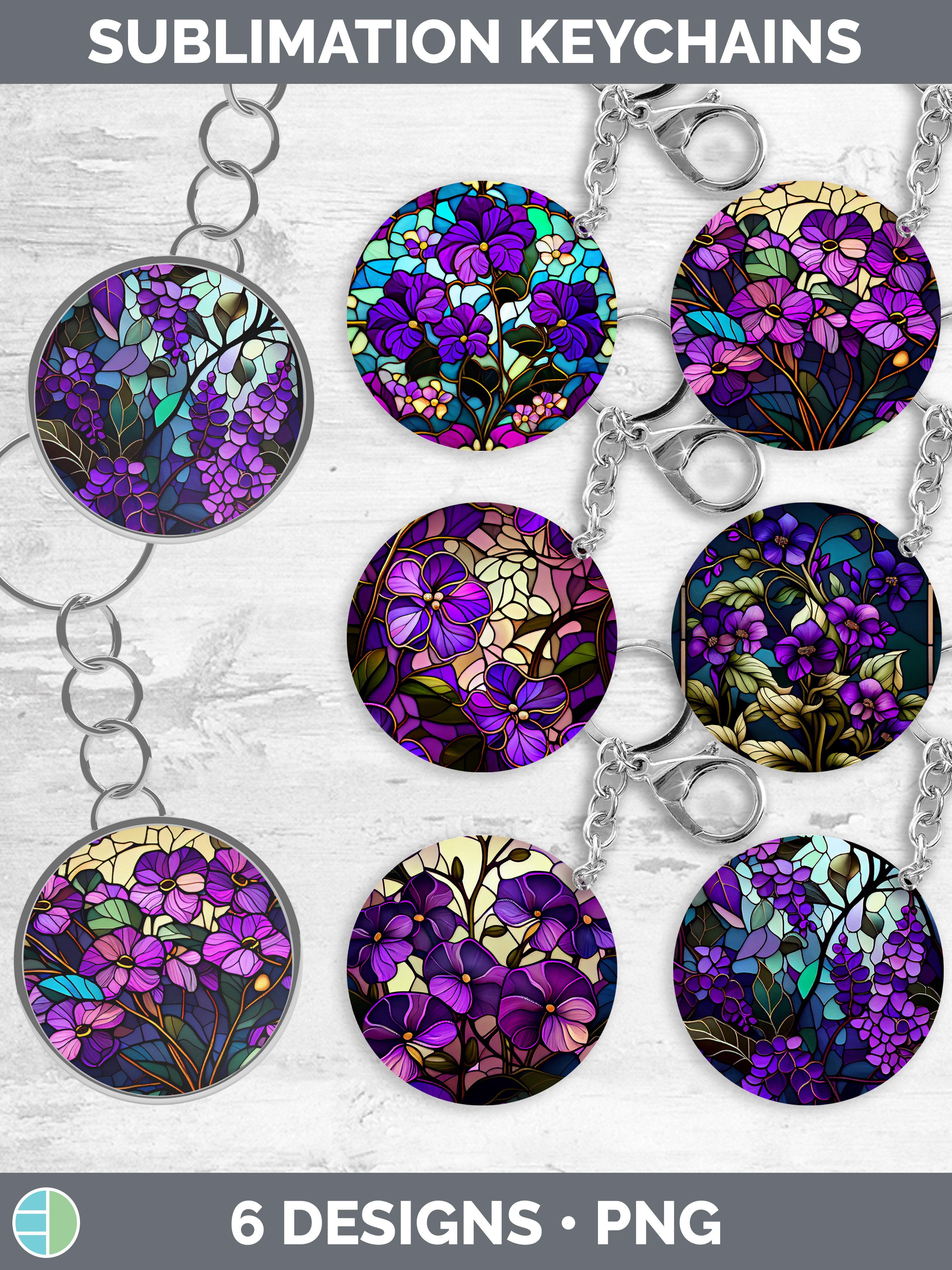 Stained Glass Violet Flowers Keychain | Sublimation Keyring