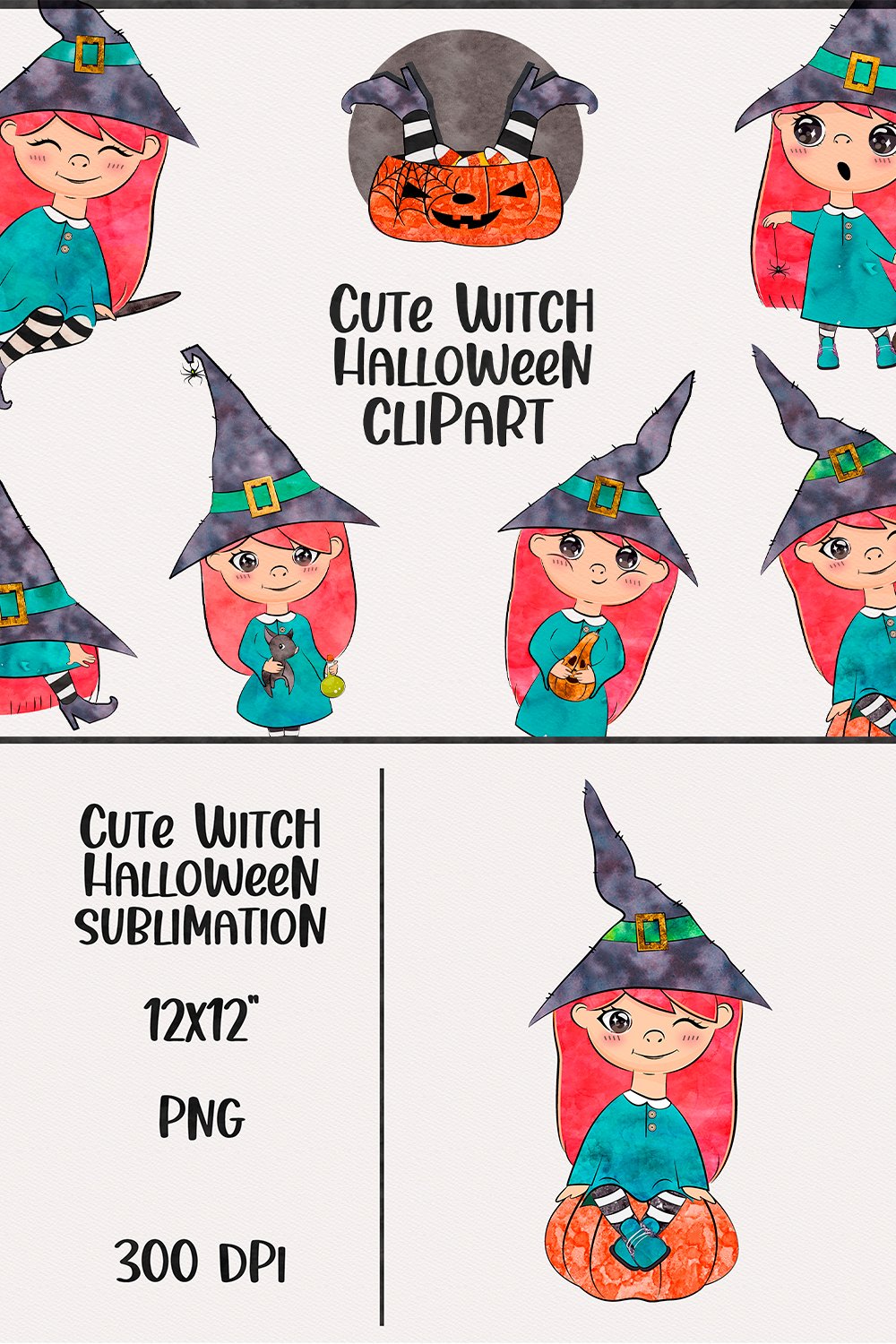Cute Halloween Witch Clipart. PNG.