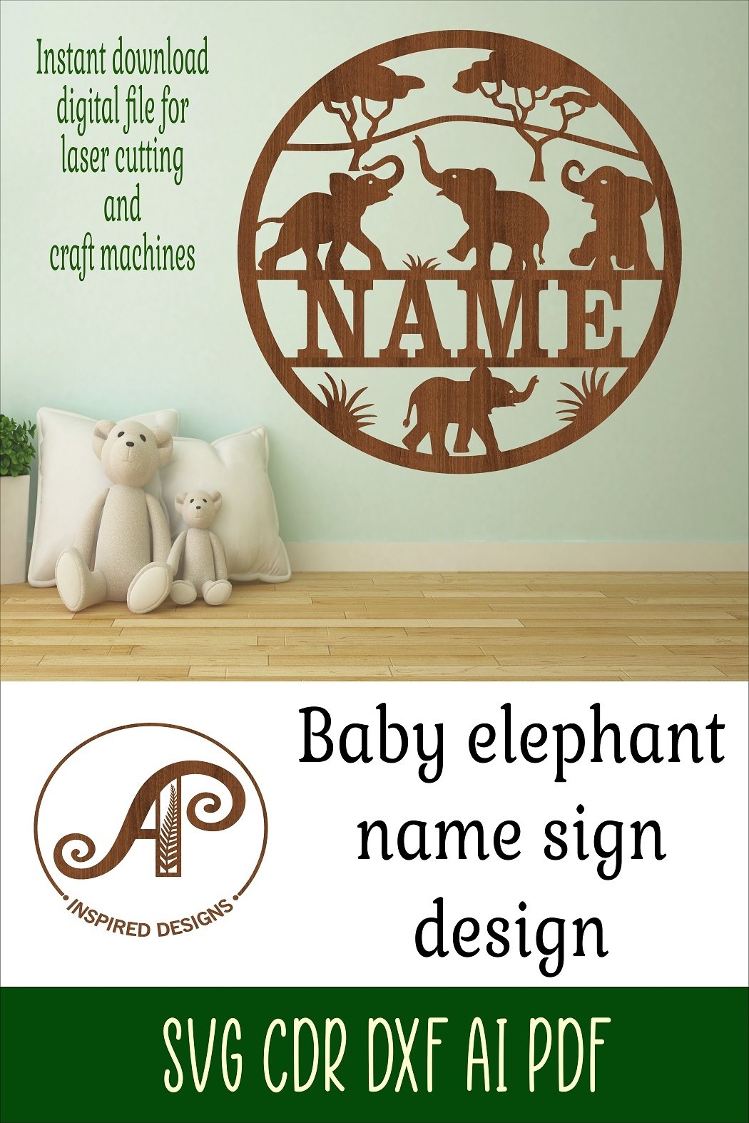 Baby elephant name sign svg laser cut template