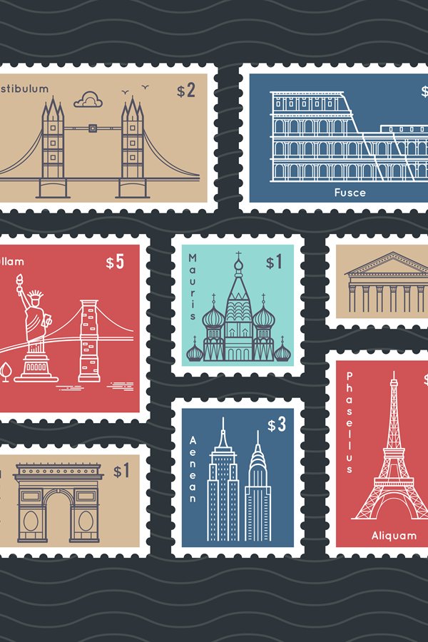 Postage stamps with line travelling city national landmarks