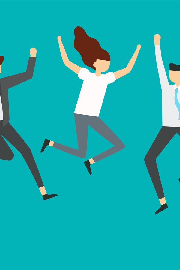 Happy jumping business people. Excited office team workers j