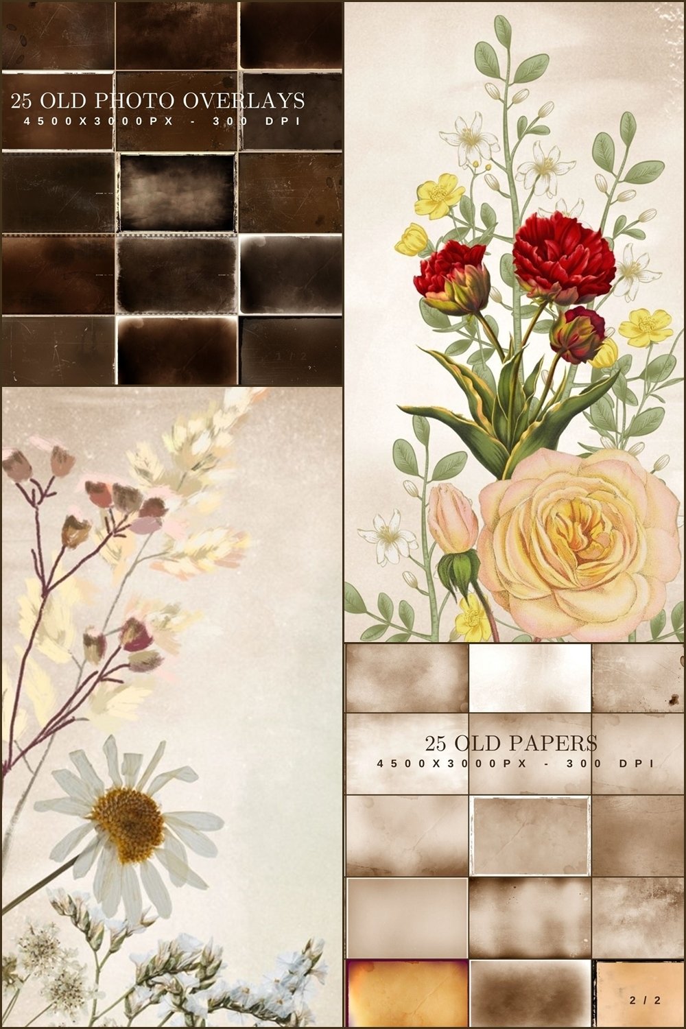 25 Old Photo Effect Overlays & 25 Old Digital Papers