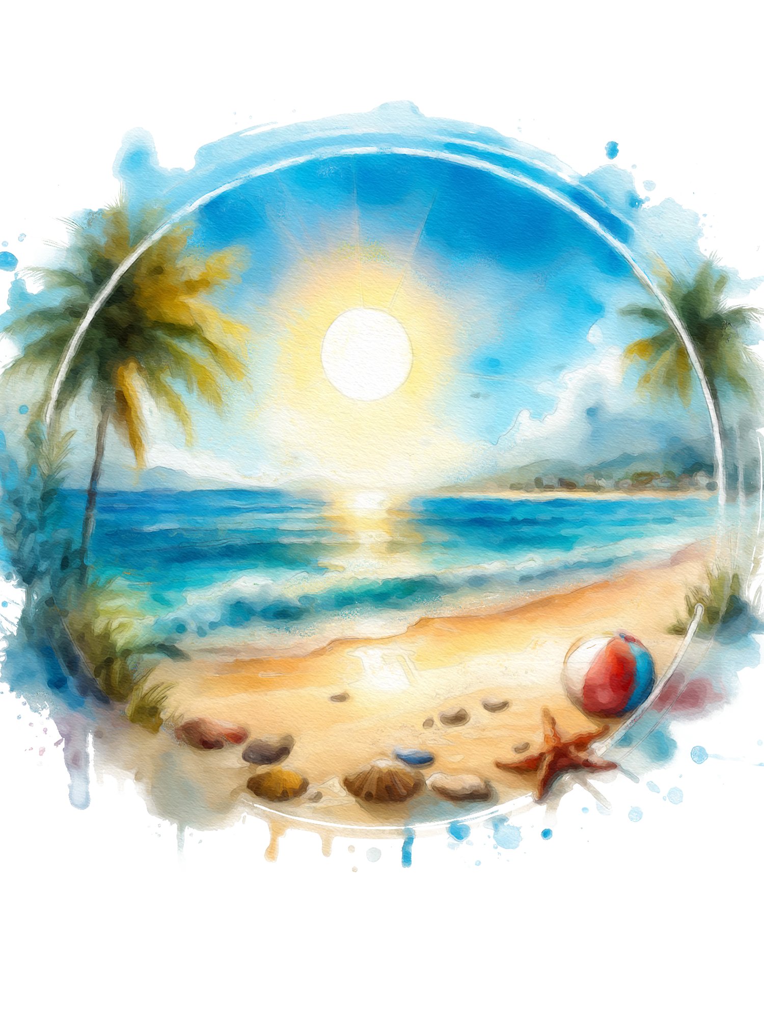 Summer beach watercolor with palm trees and tropical flowers