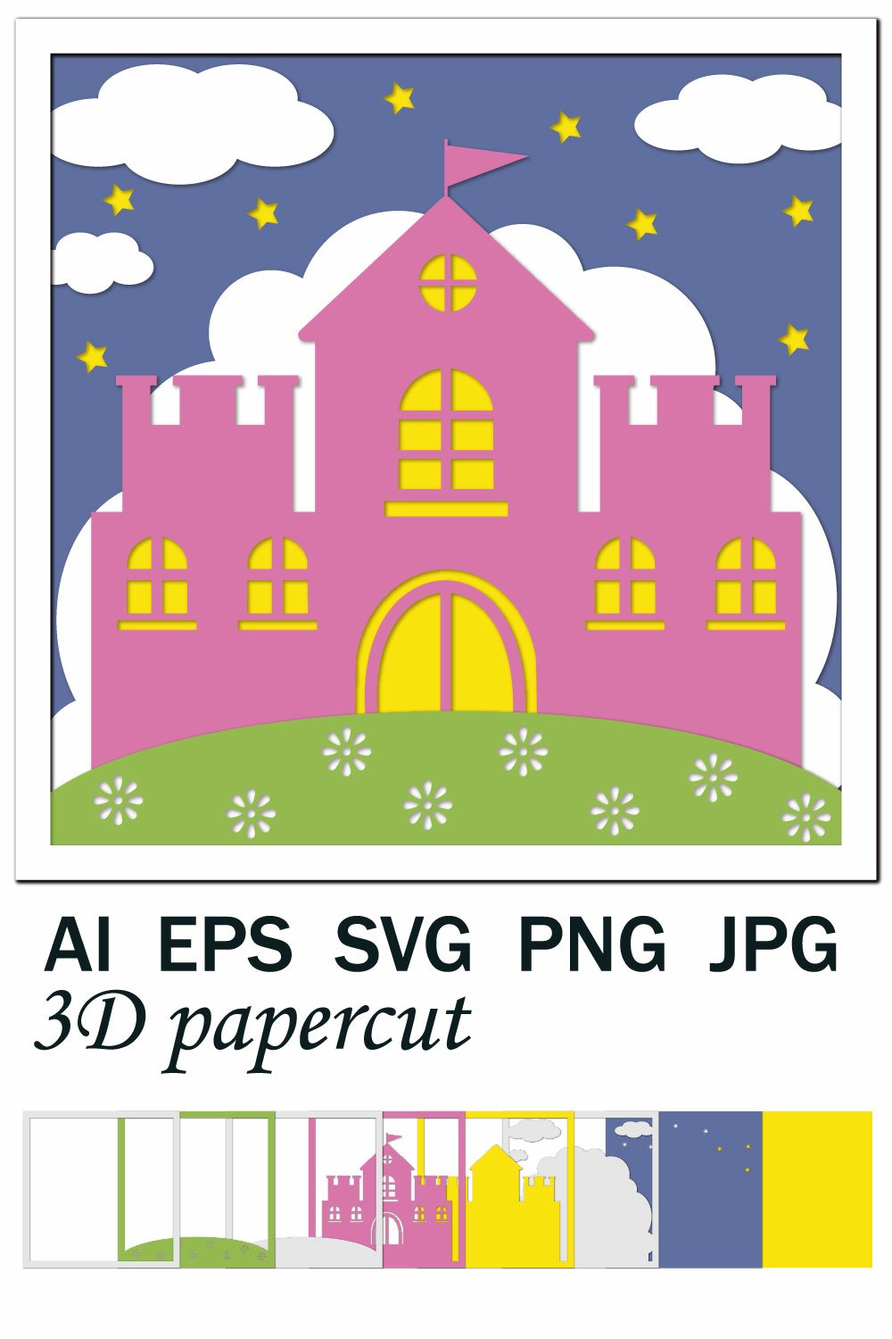 Princess Castle and Clouds postcard template, paper clipping
