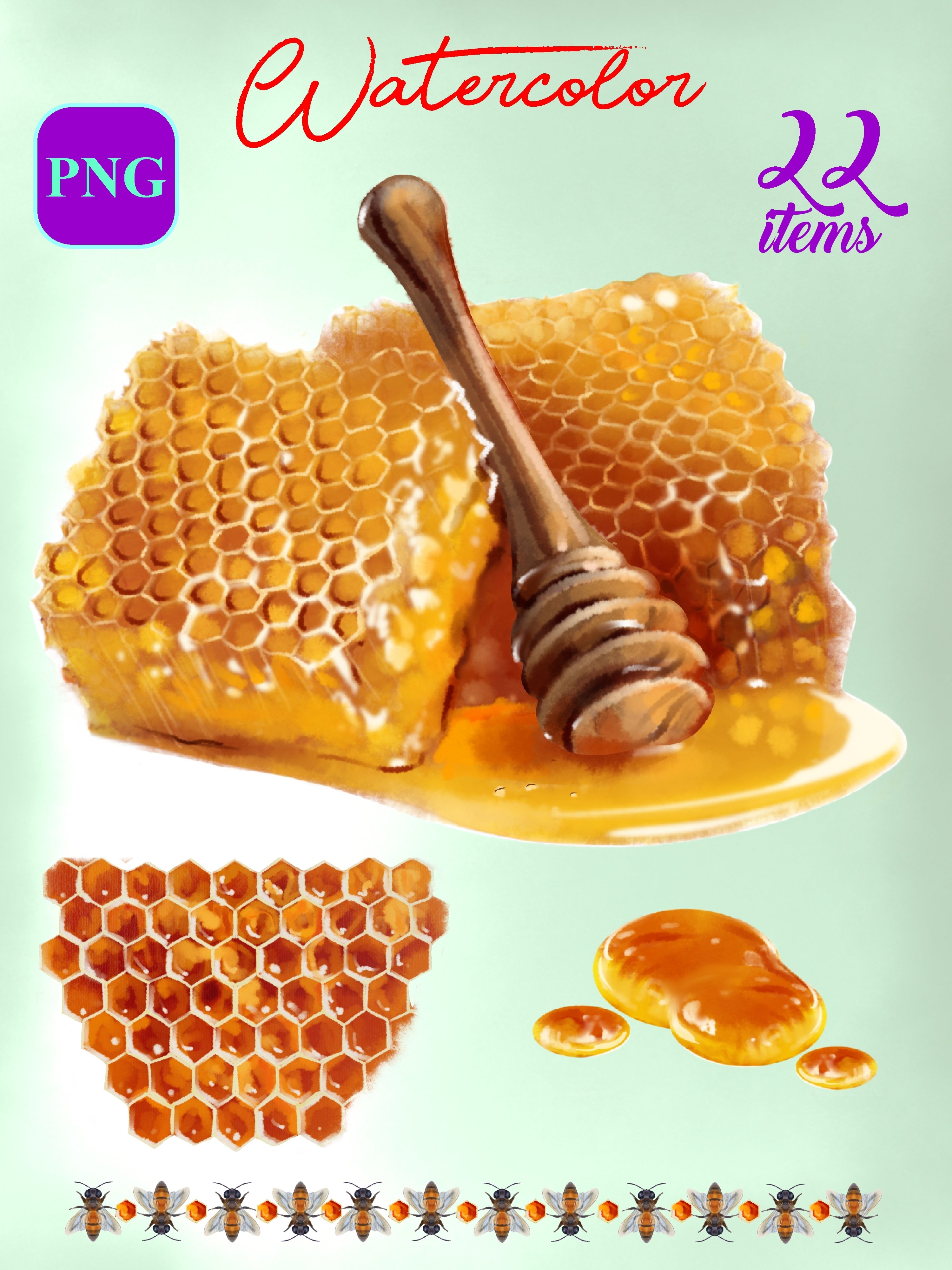 Watercolor Clipart "Honey" Hand Painted Bundle Sublimation