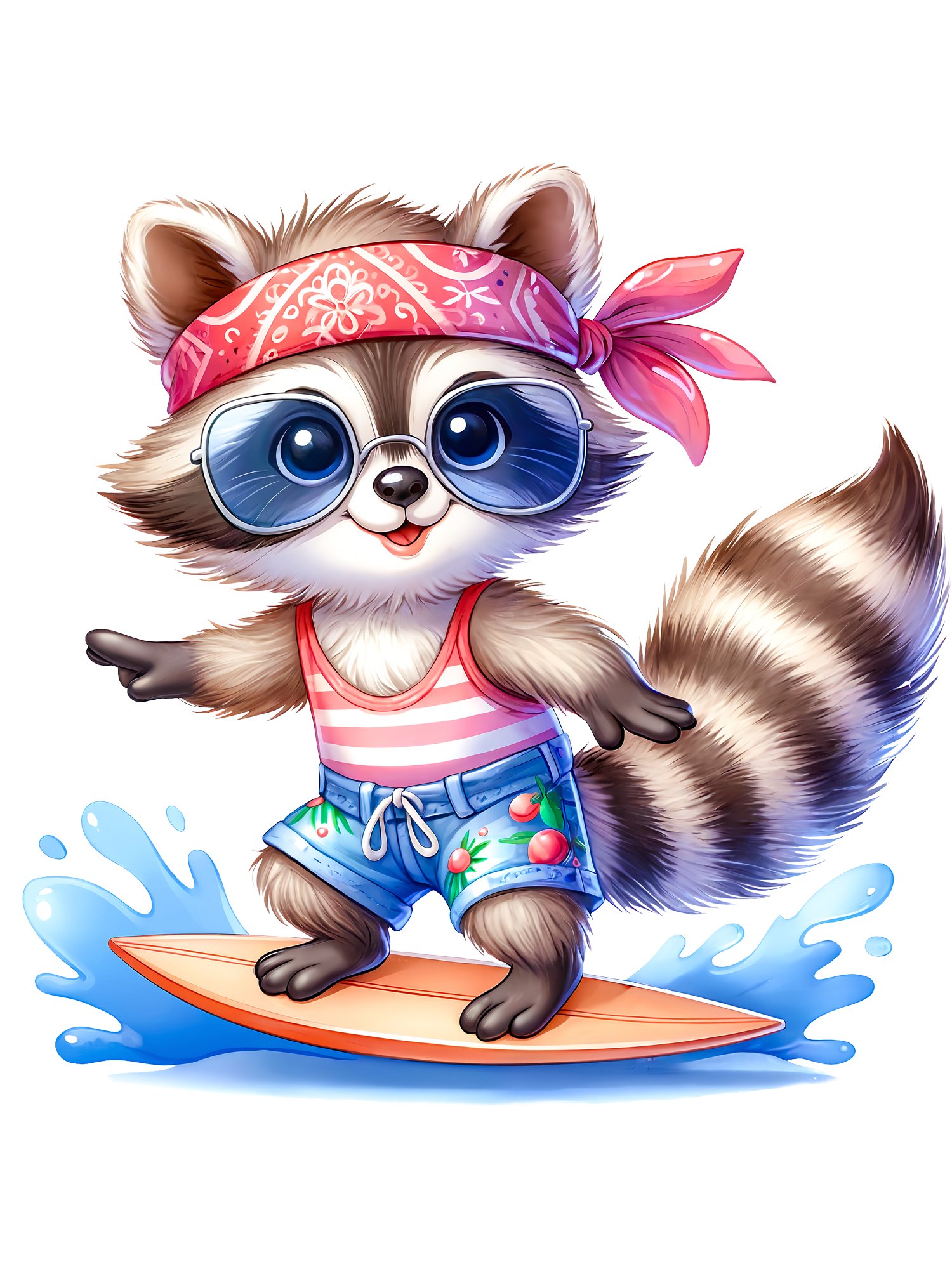 Baby Raccoon Cute Cartoon Surfer Clip Art, Summer, Sea, Png
