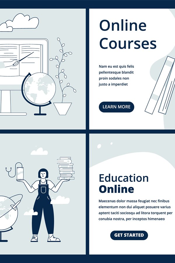 E-learning page. Learn site, web study landing pages. Intern