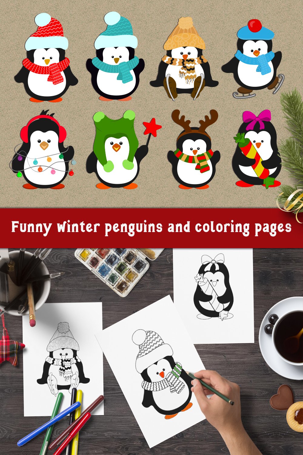 Funny winter penguins and coloring pages