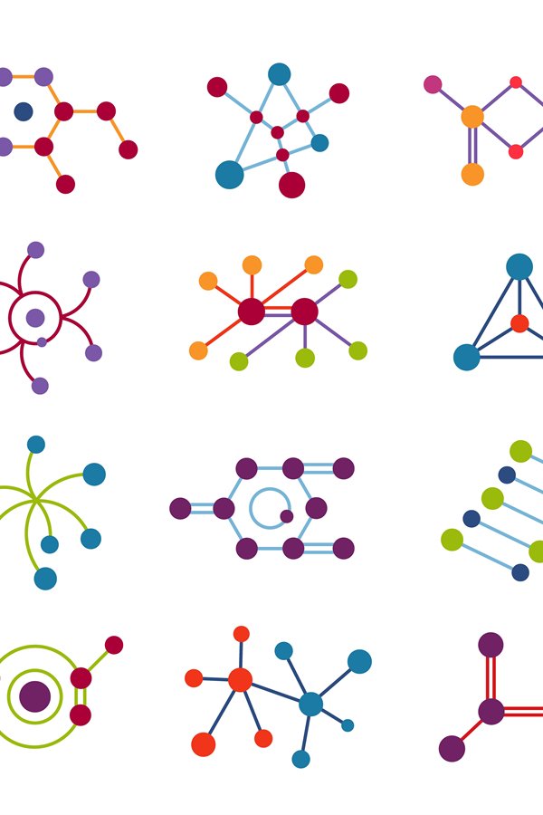 Connected molecules. Color molecular structure, connection m