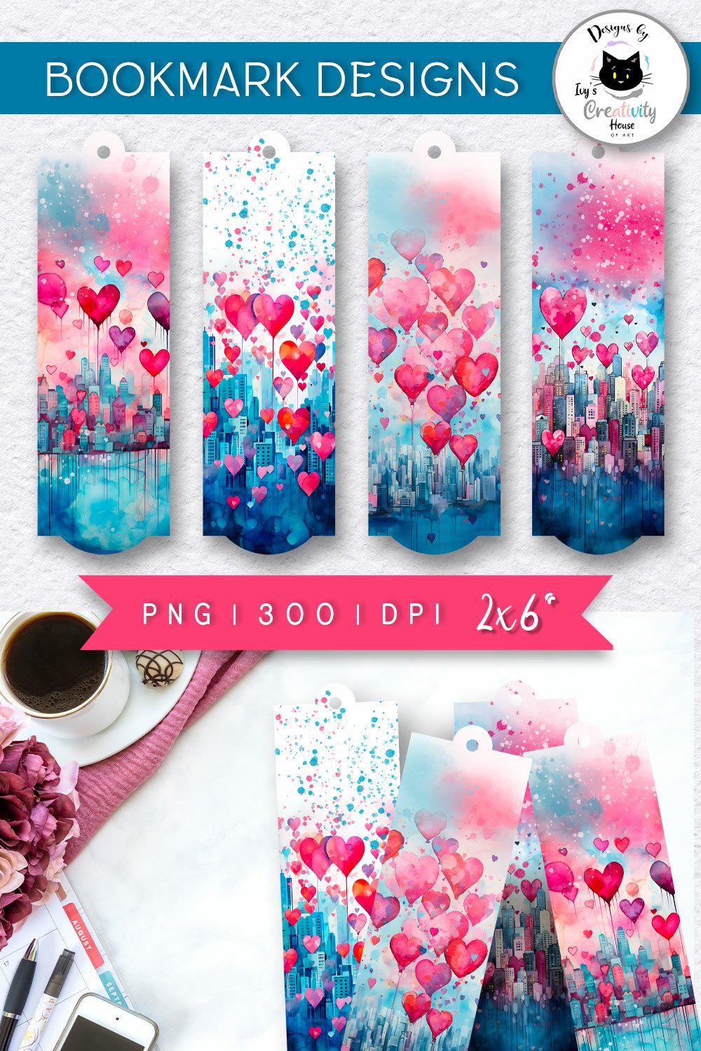 Cute Valentine Bookmarks | Watercolor Heart Bookmark Designs