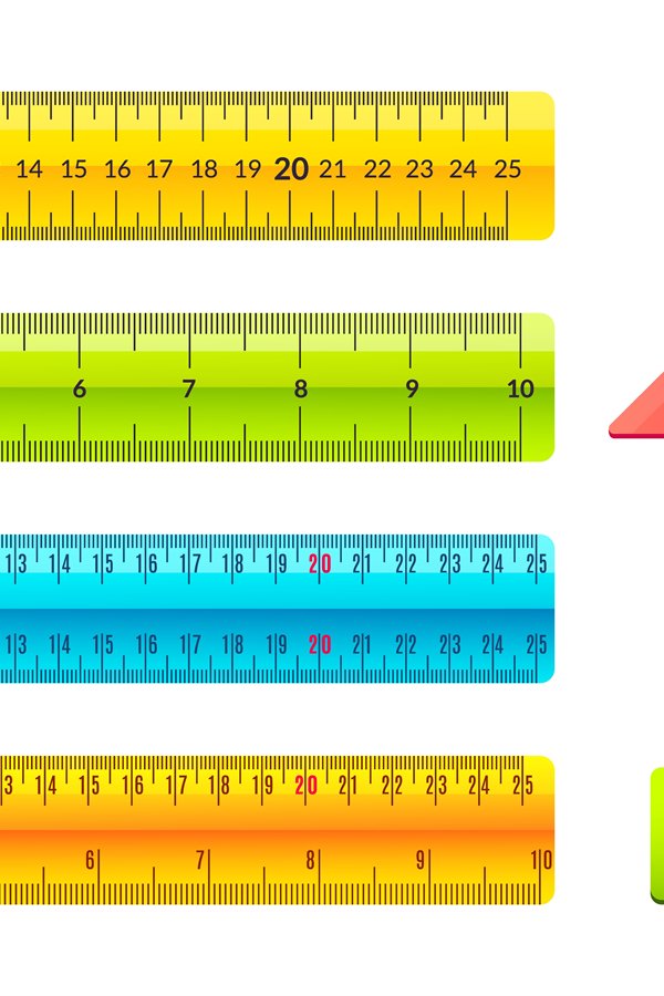 Ruler. Cartoon measuring tools with metric and inch marks, p
