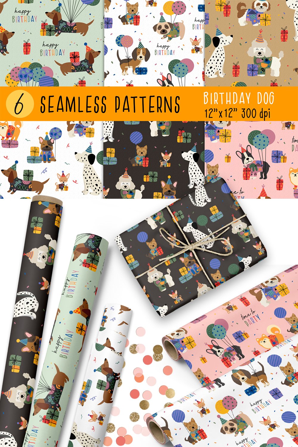 Birthday Dog Breeds digital paper, Party dog seamless patter
