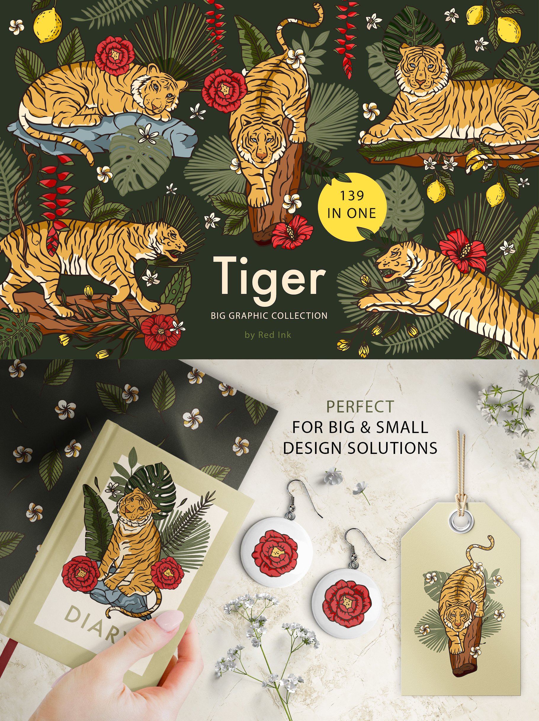 Tiger illustration. Graphic bundle.