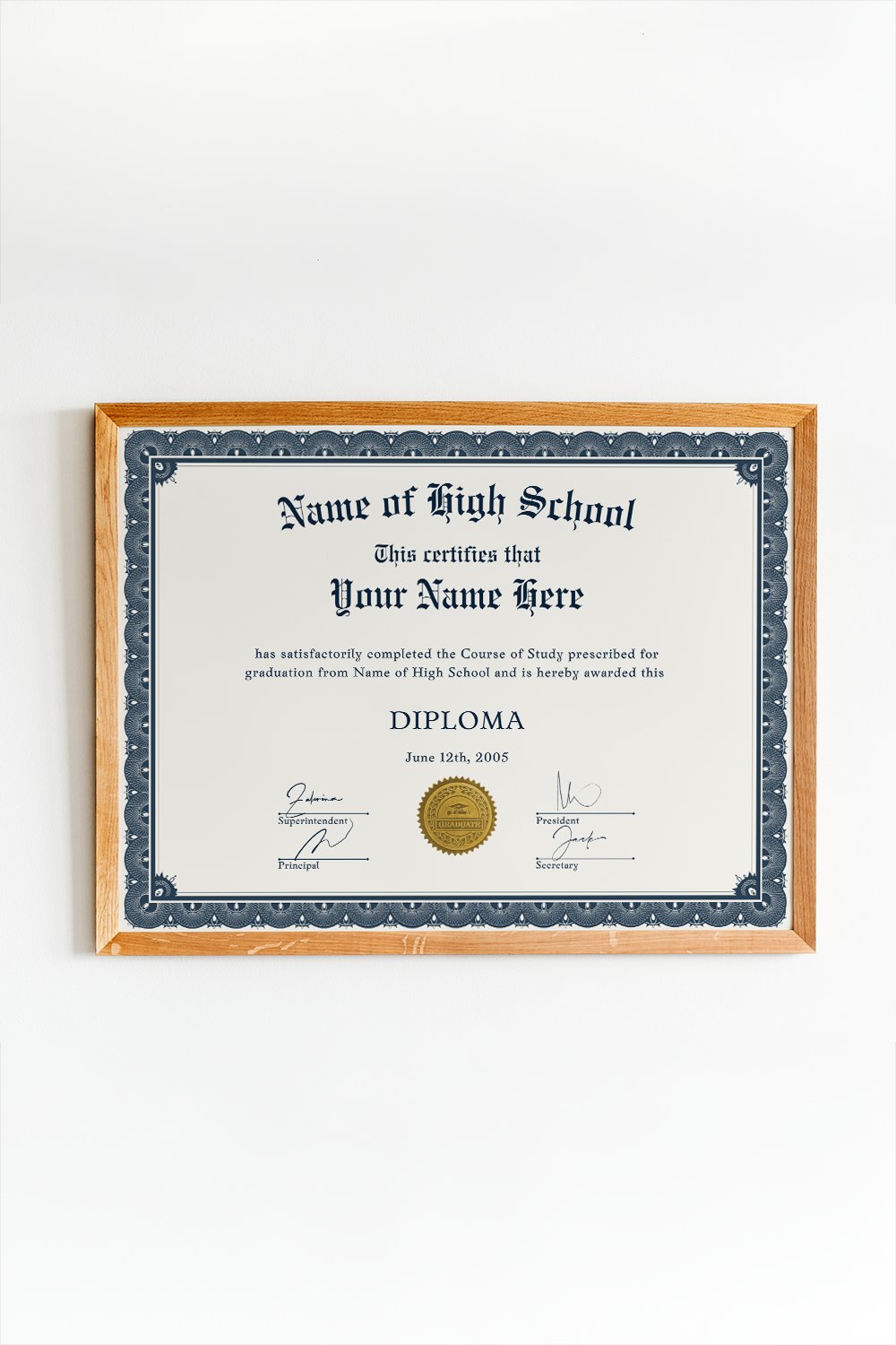 HS Diploma, University, College diploma, GED, blue frame