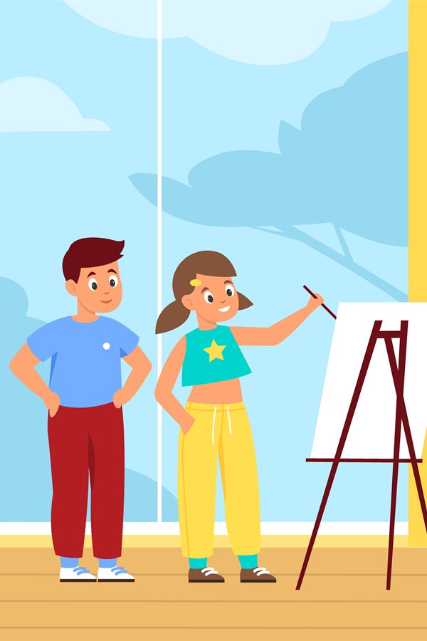 Children painting with teacher. Drawing lesson in classroom,