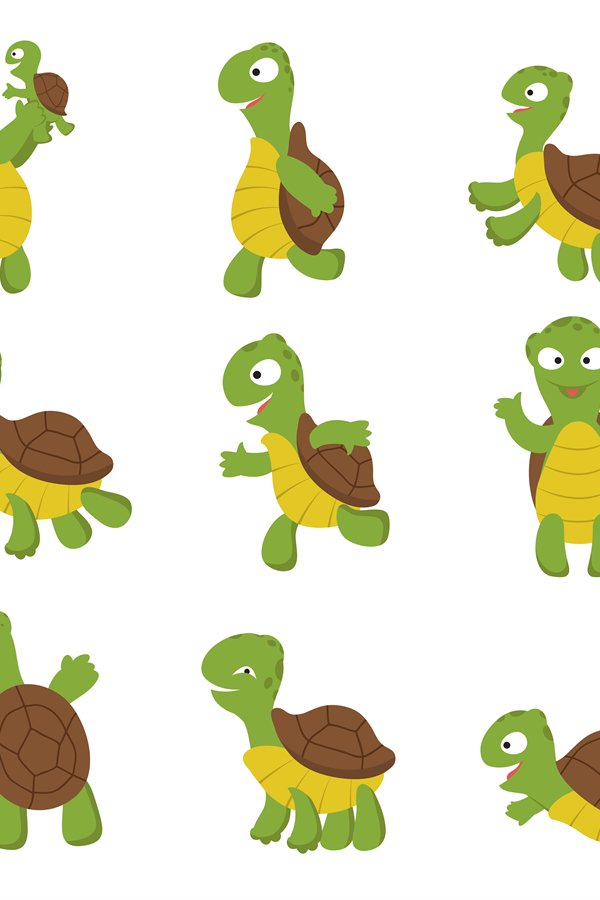 Cute turtle. Green tortoise child in various poses. Vector c