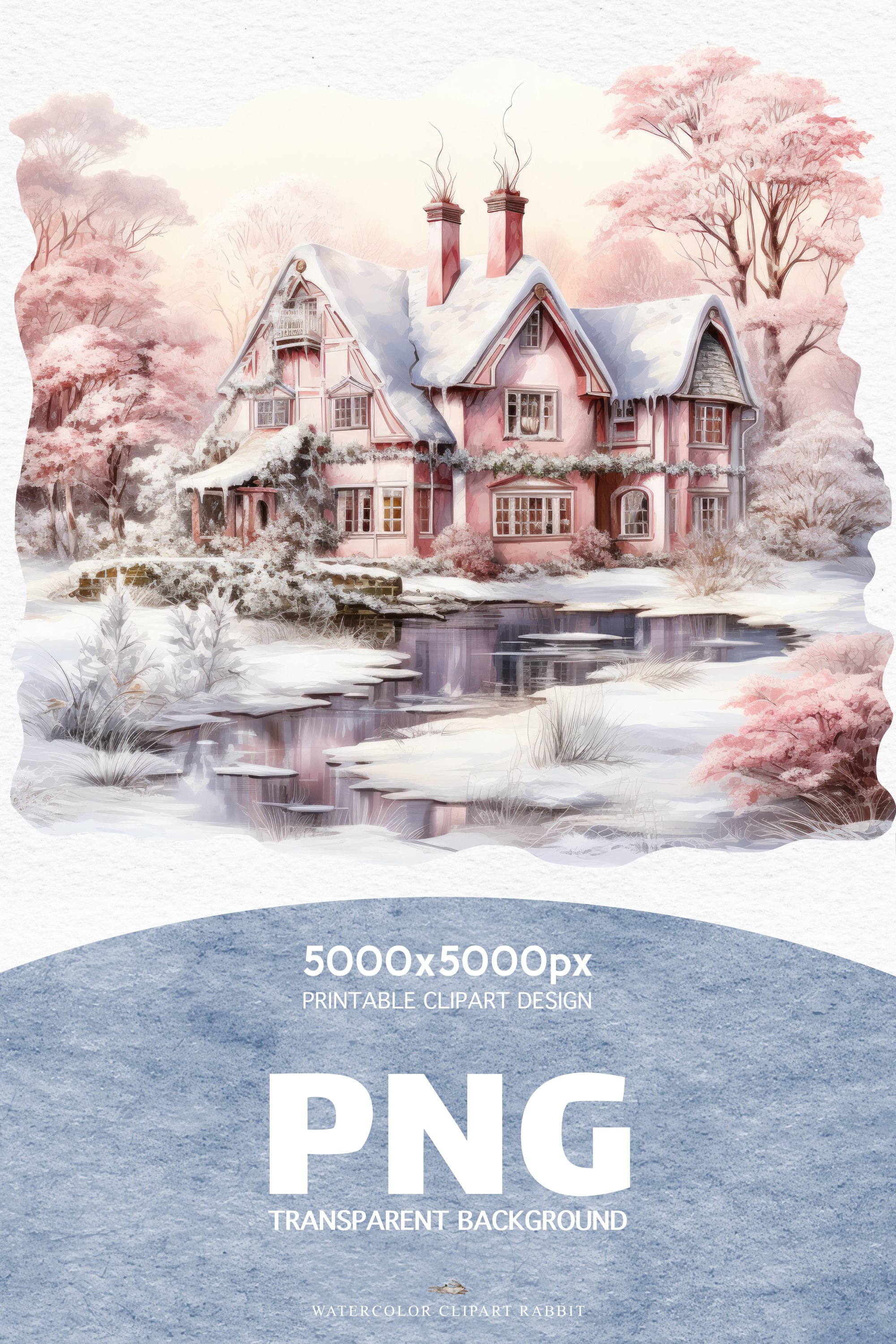 Pink Christmas HouseWinter Landscape Scene Village Clipart