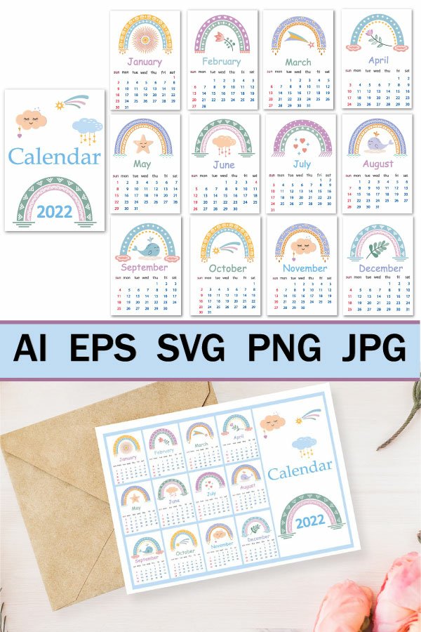 Boho style calendar for 2022 with rainbows