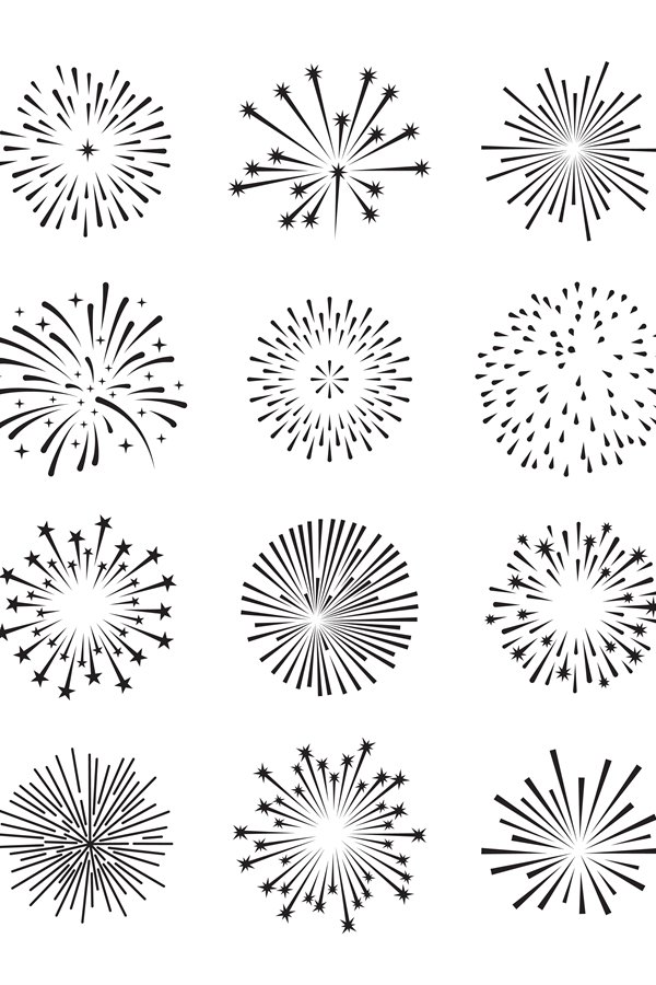 Flat fireworks. Lines firework icons, simple new year festiv