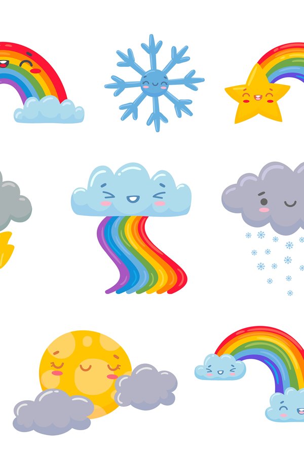 Cute cartoon weather. Happy hot sun, rainbow over clouds and