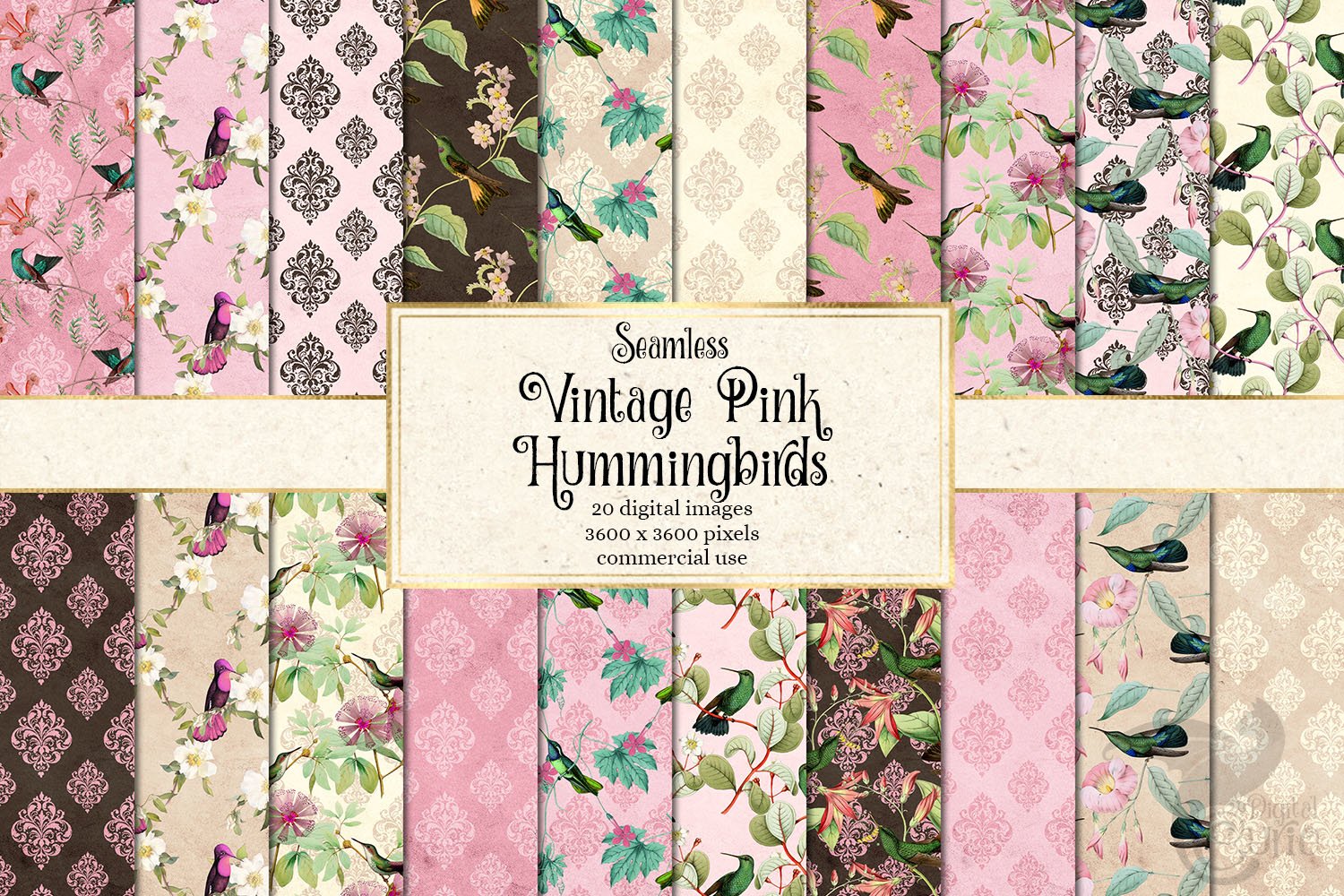 Vintage Pink Hummingbirds Digital Paper