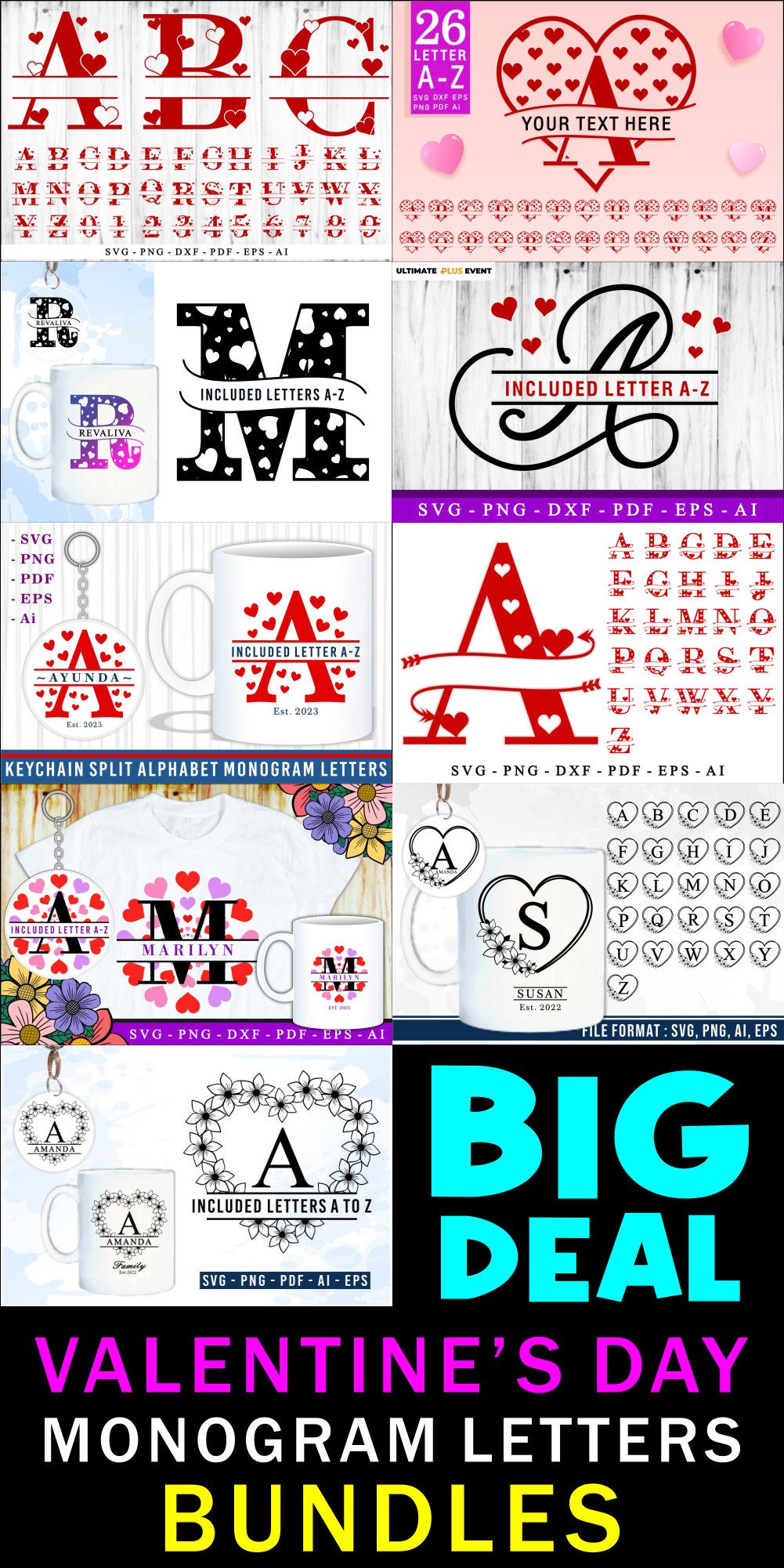 Valentines Day Split Font Monogram Letters SVG Design Bundle