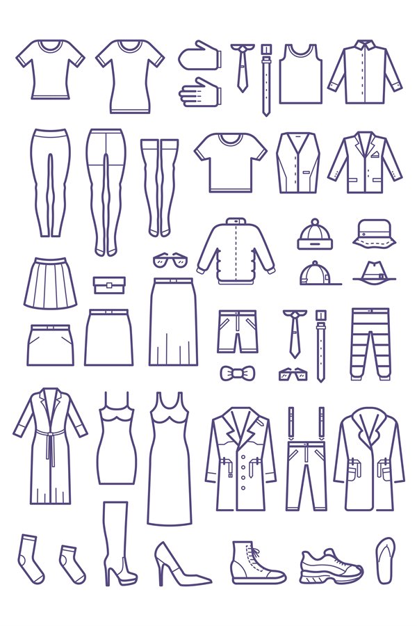 Female and male casual clothes, garment outline vector icons