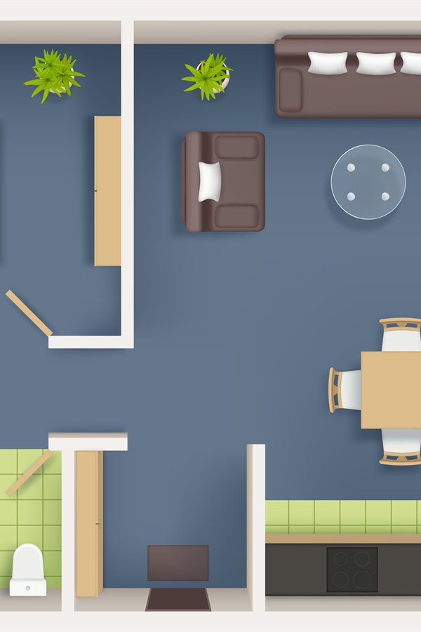 Interior plan top view. Realistic appartment livingroom bath