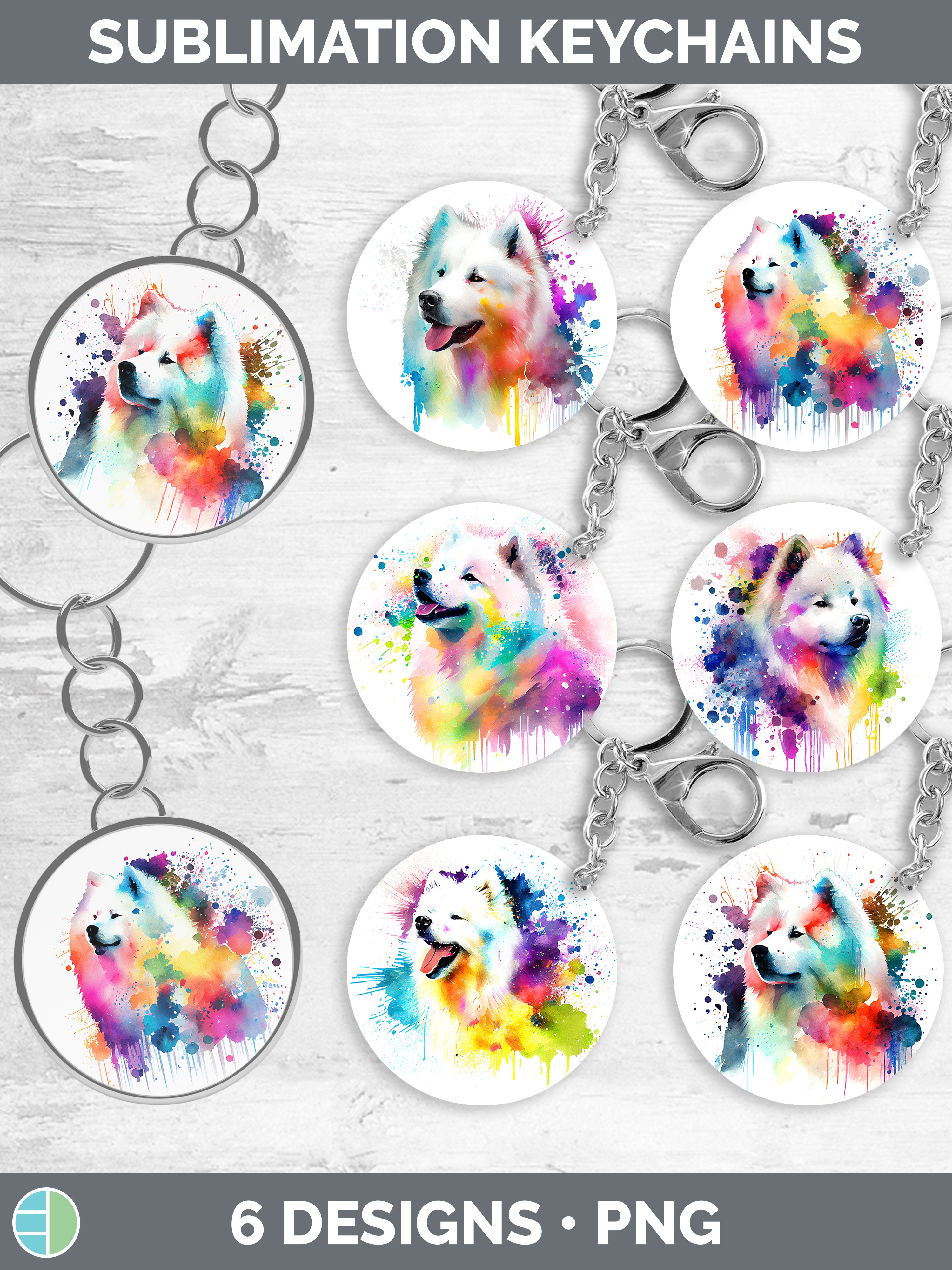 Rainbow Samoyed Dog Keychain | Sublimation Keyring Designs B
