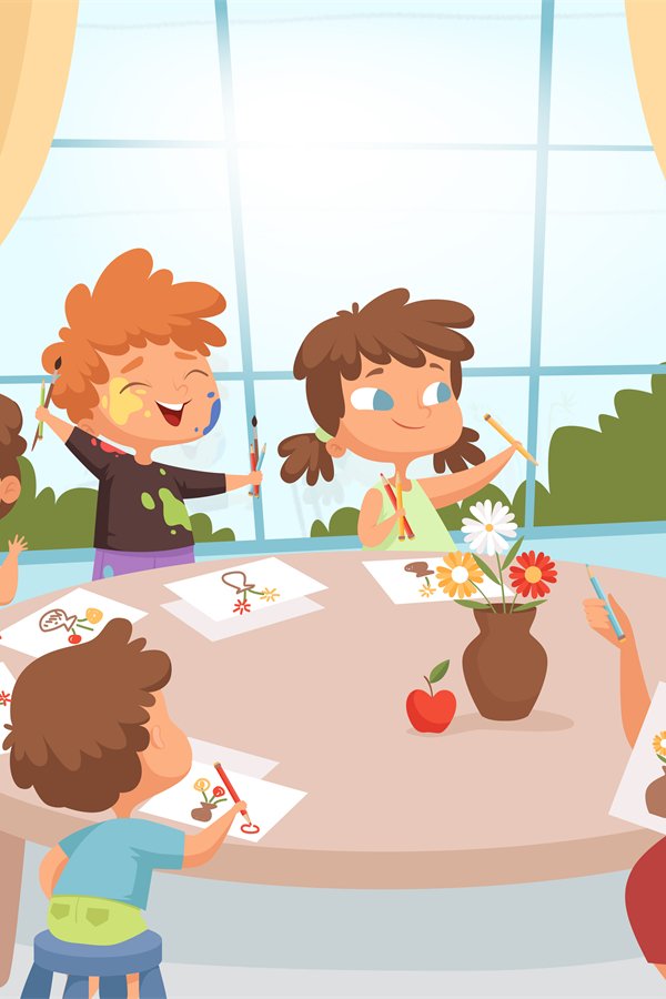 Drawing art class. Teacher with kids creativity kindergarten