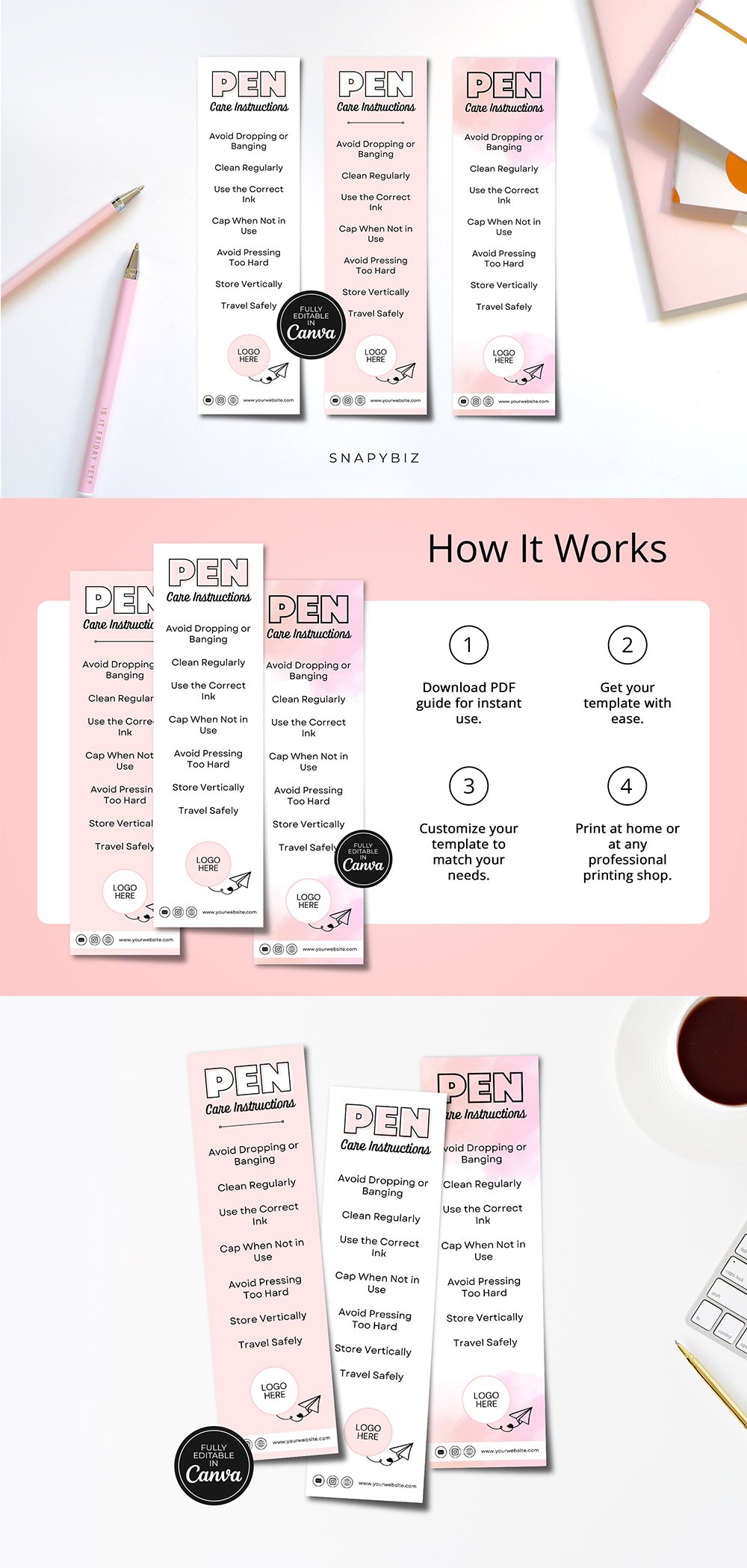 Editable Pen Care Card Template, DIY Pen Care Card, Canva