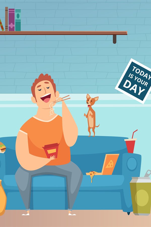 Man is overeating. Fat guy, food addiction and behavior prob