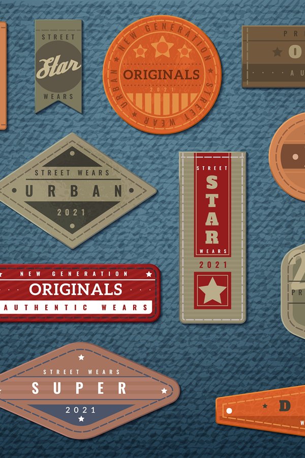 Denim labels. Graphic leather badge and textured background,
