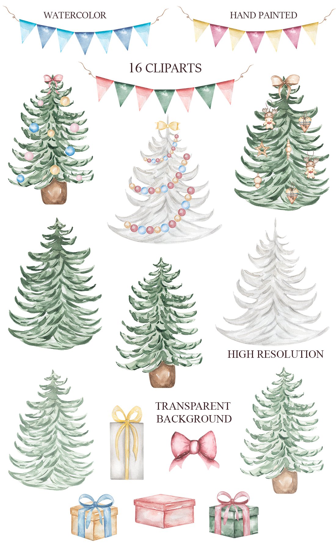 Watercolor Christmas Tree Clipart set