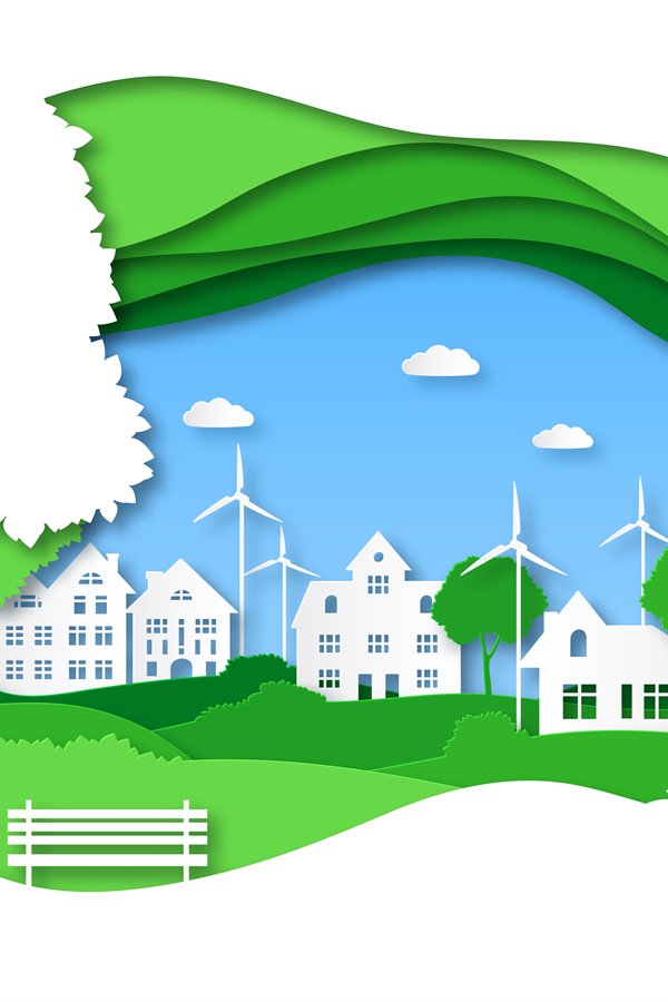 Eco city. Save energy green technology, solar town with alte