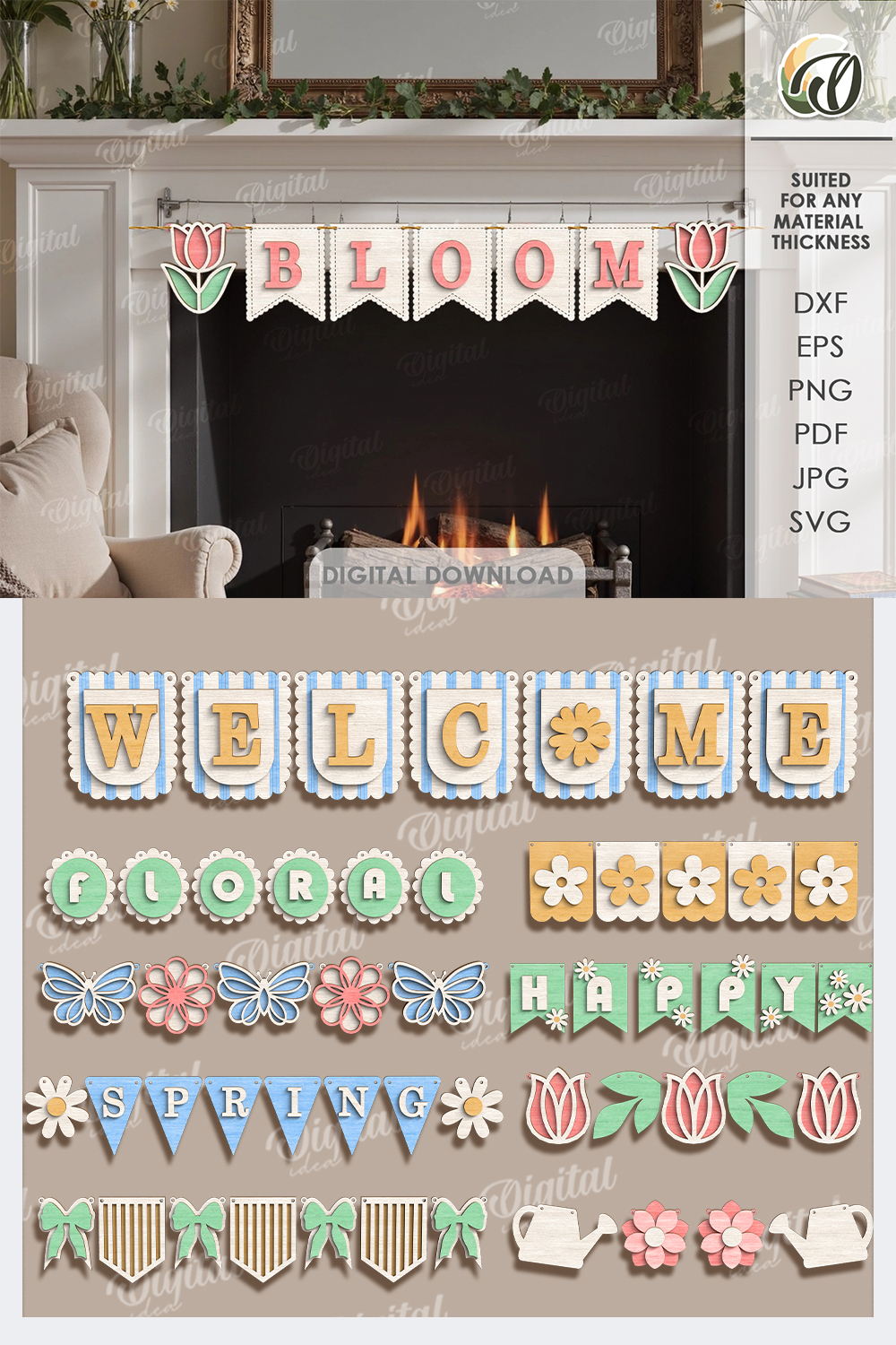 3D Spring Banners Bunsle Laser Cut. Wall Decor SVG